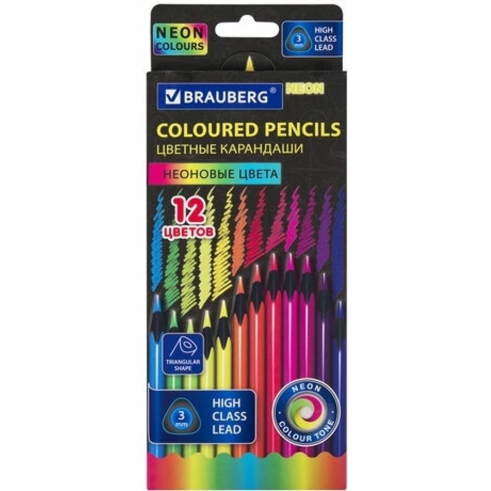 Цветные карандаши BRAUBERG Neon 12 неоновых цветов, черное дерево, трёхгранные 181852