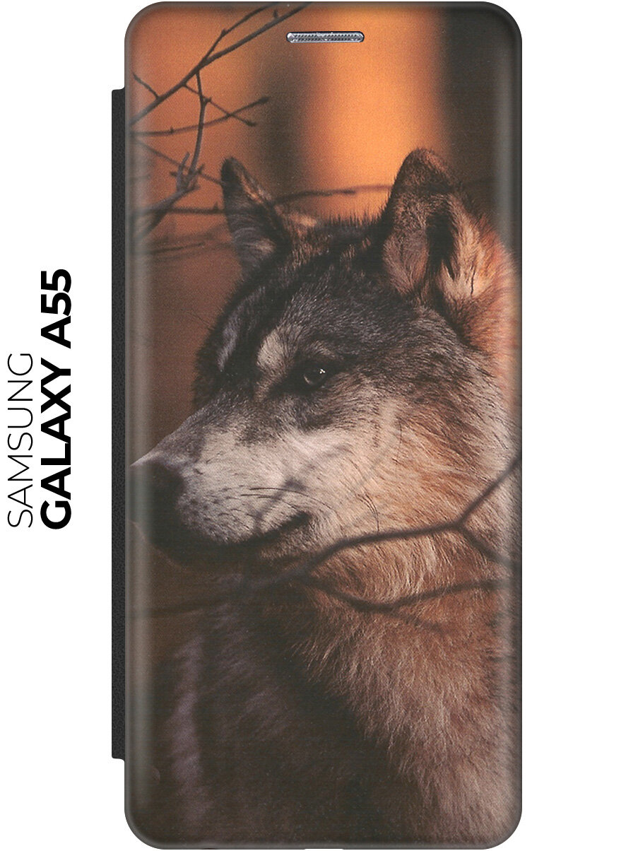 Чехол-книжка на Samsung Galaxy A55 / Самсунг А55 с рисунком "Красивый волк" черный