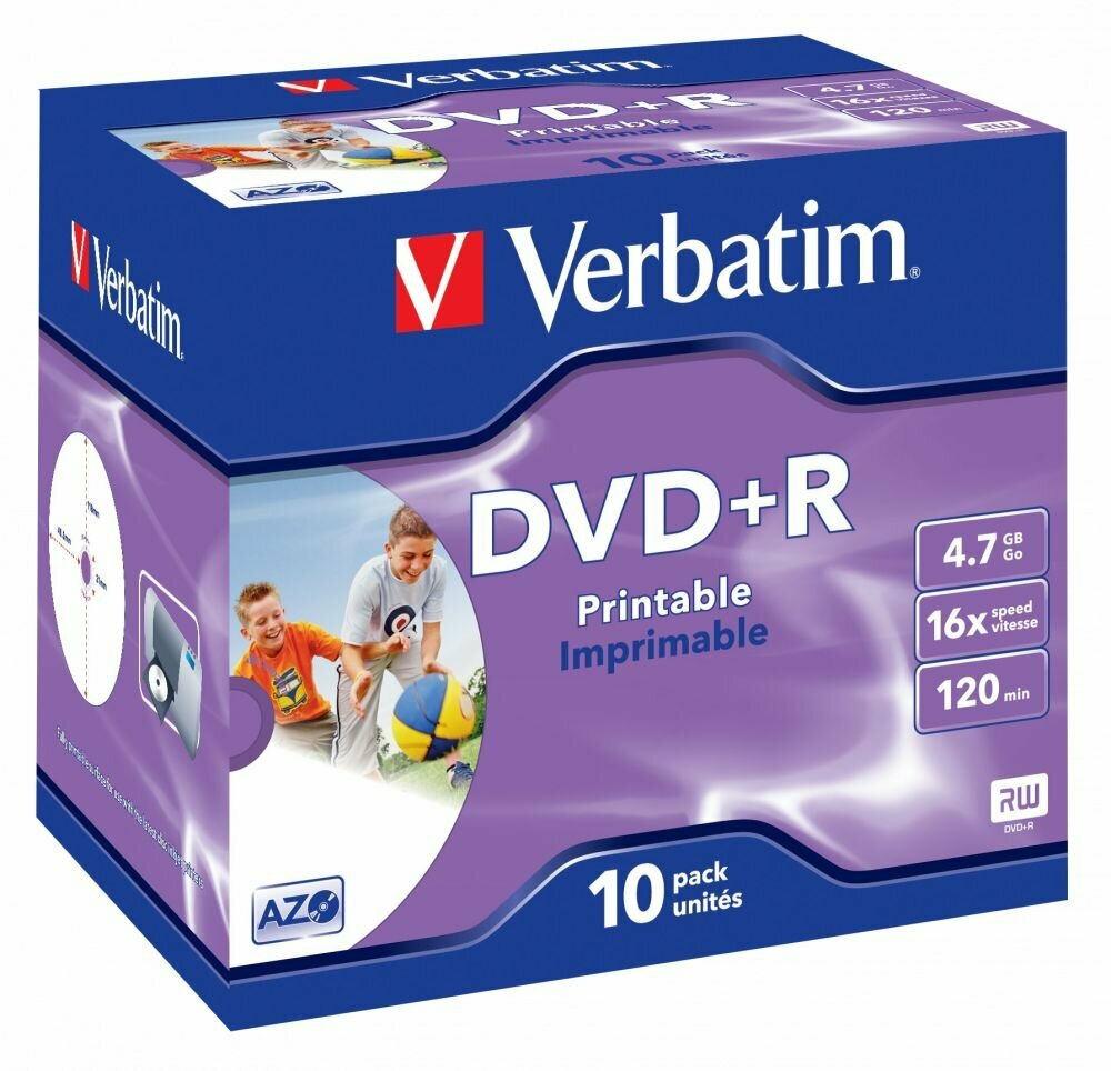 Оптические диски Verbatim DVD+R 4.7 ГБ 16X AZO под струйную печать Printable 10 шт. в коробках