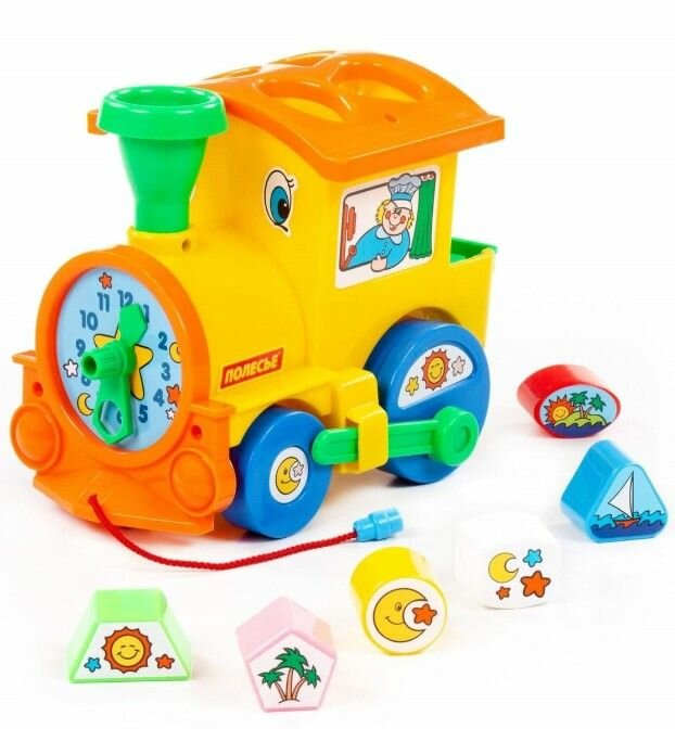 Детская каталка с сортером "Занимательный паровоз", пластиковая развивающая логическая игрушка для малышей на веревочке, для дома и улицы, по методике Монтессори
