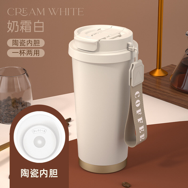 Термос-кружка для кофе с керамической вставкой 316, эстетичный подарок для студентов (мужчин и женщин), кружка для молочного чая с трубочкой, персонализированная кружка для воды.