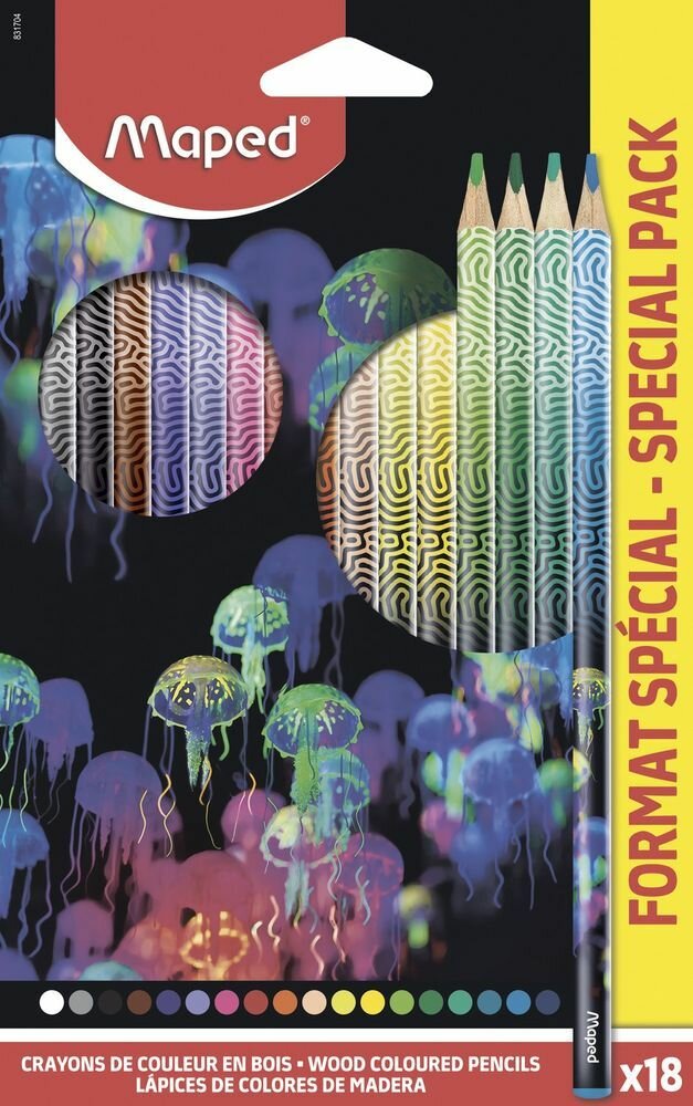 Цветные карандаши декорированные, MAPED DEEPSEA PARADISE, деревянные, треугольные, 18 цветов, в картонной коробке с подвесом
