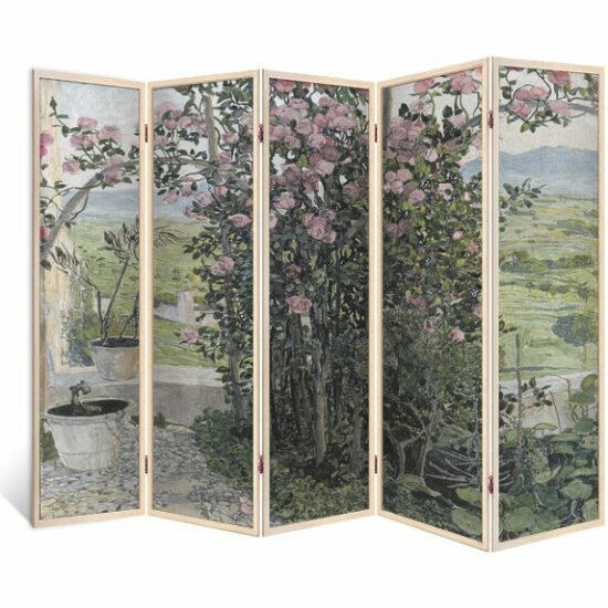 Ширма перегородка Декор Депо для комнаты деревянная "Умбрийская долина" двухсторонняя с картинкой (живопись) 5 створок кремовый дуб 176х230 см 18 кг