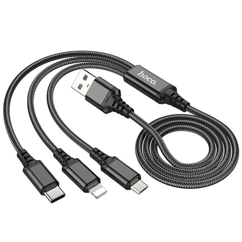Кабель USB Hoco X76 3в1 для iPhone и Android устройств, Lightning, Micro-USB, Type-C, черный