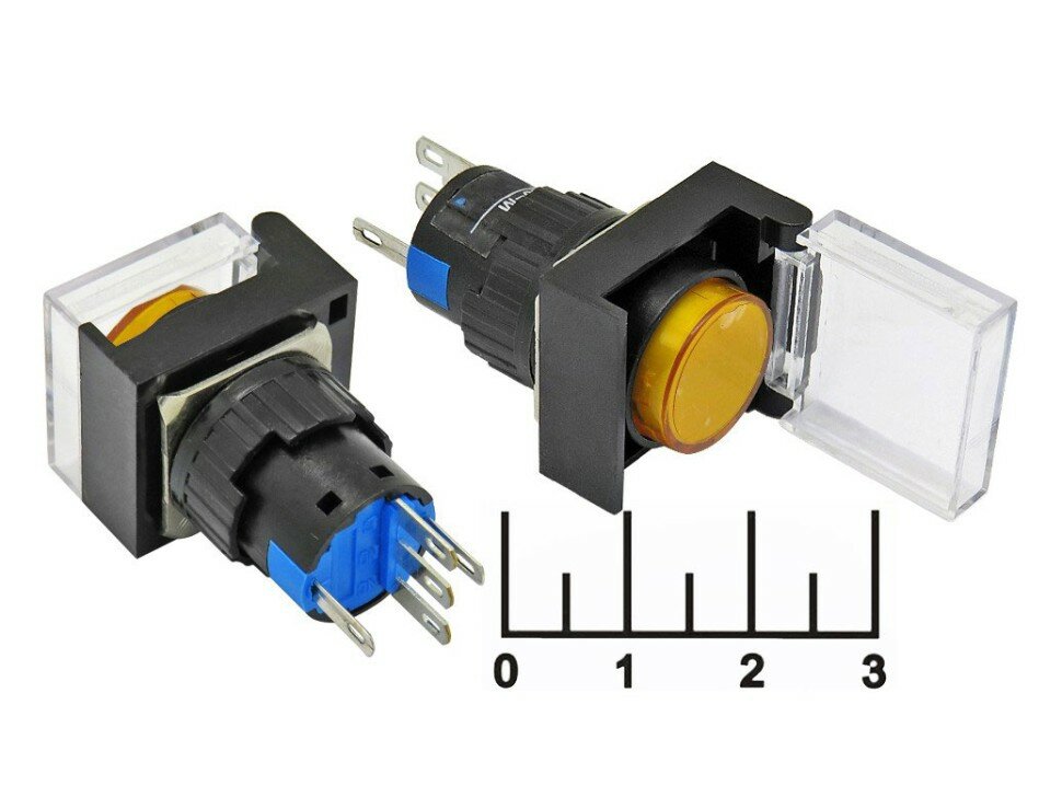Кнопка 250/3 250V 3A AL6 желтая круглая без фиксации с крышкой 5 контактов (подсветка 12V)