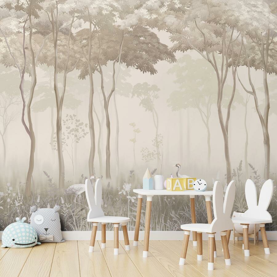 Фотообои Туманный бежевый лес 13-807-S-Холст 270 x 200 см (ВхШ) Бесшовные, флизелиновые, влагостойкие обои