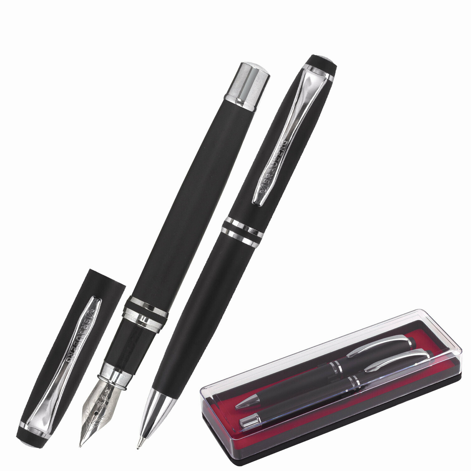 Набор ручек бизнес-класса Brauberg Duetto, синие, 2 шт: шариковая, перьевая, черный с хромированными деталями (143478)