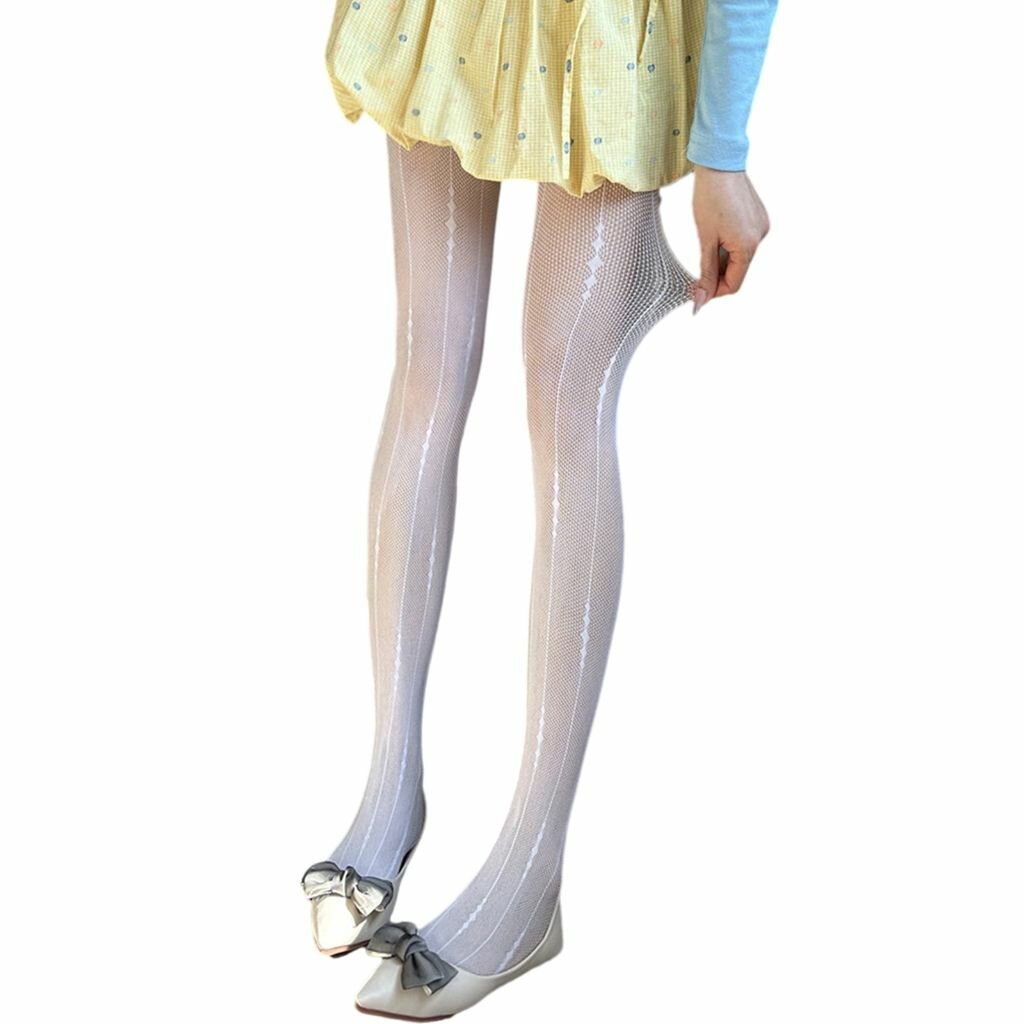 Кружевные колготки тонкие черные чулки JK-белые