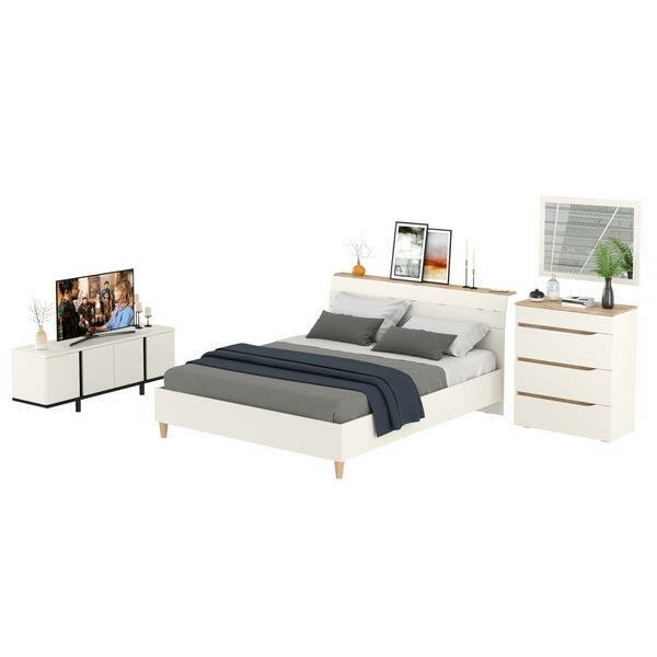 Муссон Кровать 11.41 + ортопед + 13.97 + Зеркало СВК + Тумба ТВ 13.276, цвет белый/чёрный/дуб эндгрейн элегантный, сп. м. 1600х2000 мм, б/м