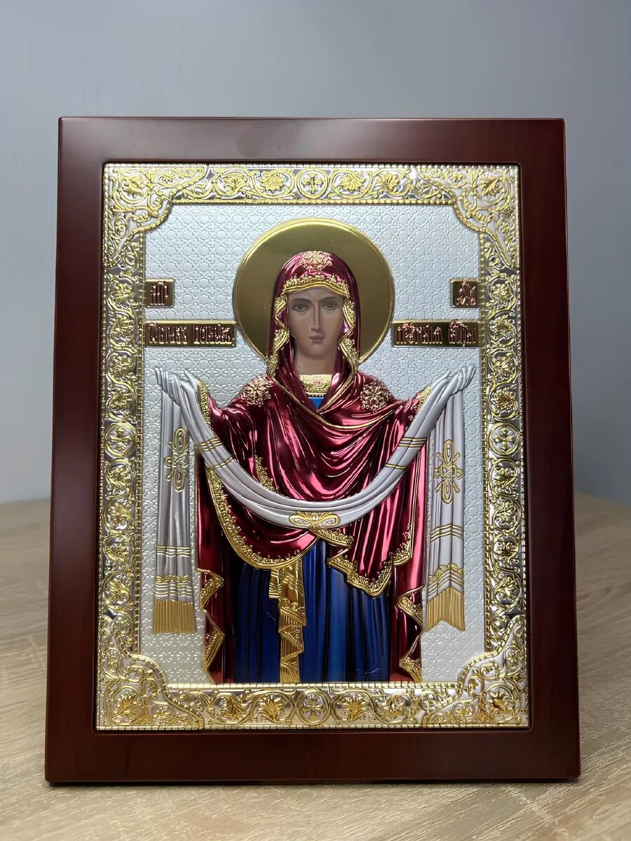 Икона серебряная, греческая Покрова БМ, 185х235 мм.