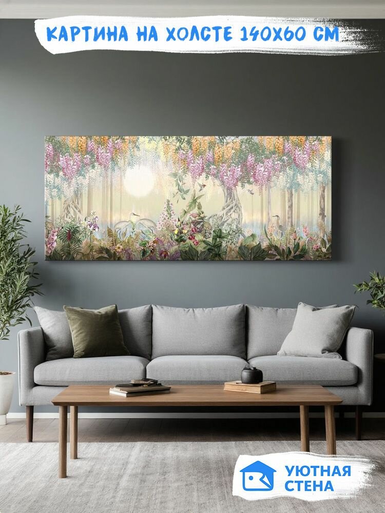Картина на натуральном холсте Уютная стена "Птицы и очарование леса" 140х60 см