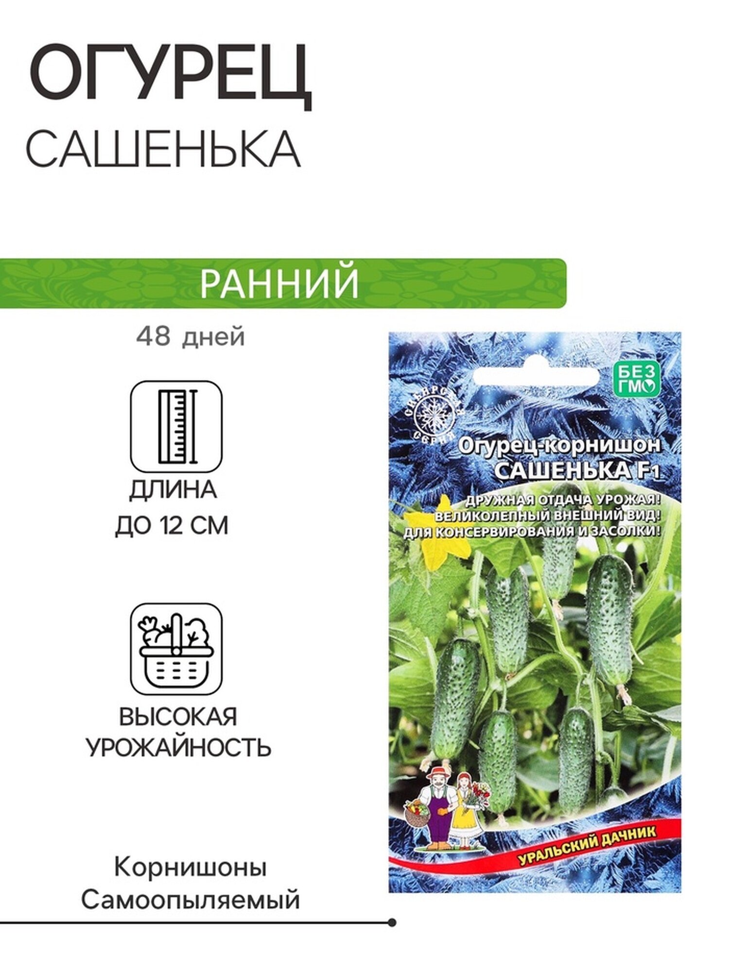 Семена огурца Уральский дачник "Сашенька" F1, скороспелые, корнишон, 10шт