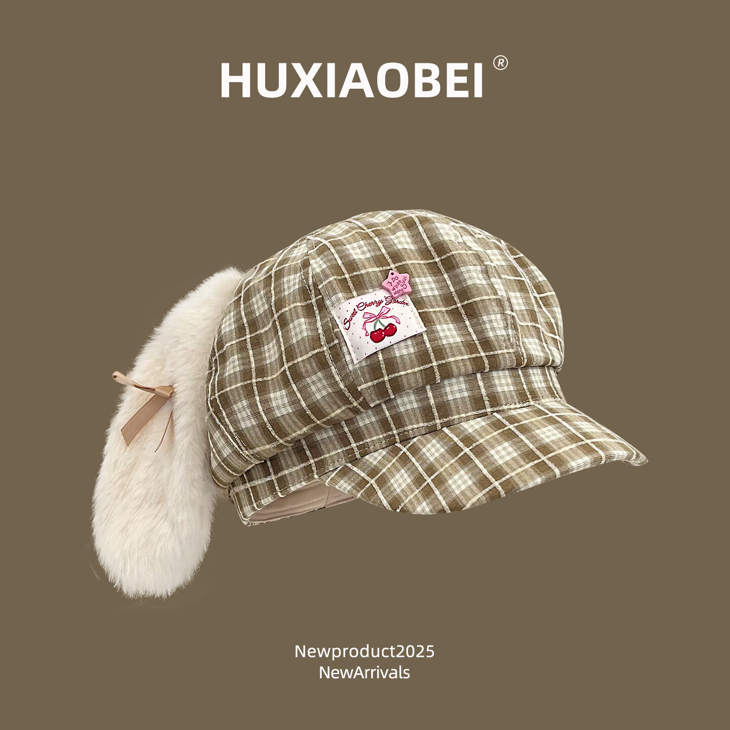 Новая милая плюшевая восьмиугольная шляпа в клетку с бантиком и заячьими ушками для женщин, универсальный весенне-летний солнцезащитный берет для путешествий, трендовый тренд