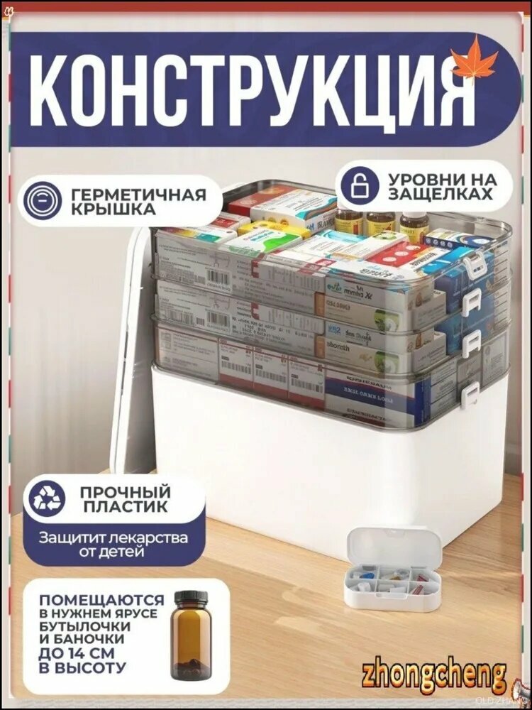 Аптечка домашняя большая трёхъярусная, контейнер для хранения лекарств, 15 л