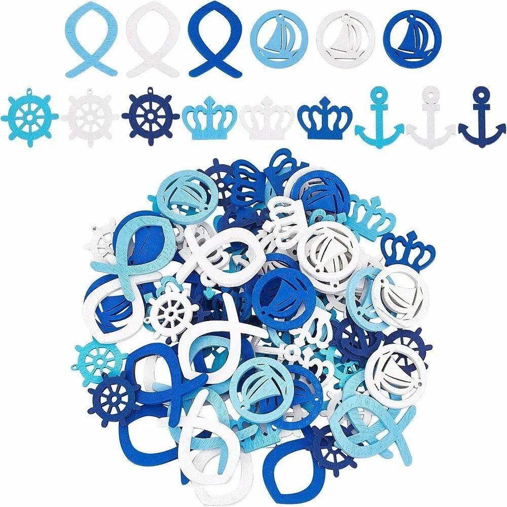 100 шт. Морские деревянные фигурки-фигурки: якорь, штурвал, парусник, корона, рыба, подвесные украшения, мини-деревянные пляжные поделки