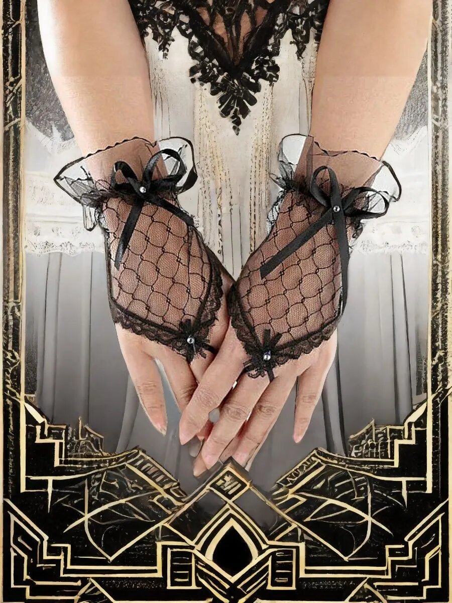 Перчатки женские взрослые кружевные "Гэтсби короткие ажурные" гипюр черные, 2 шт.