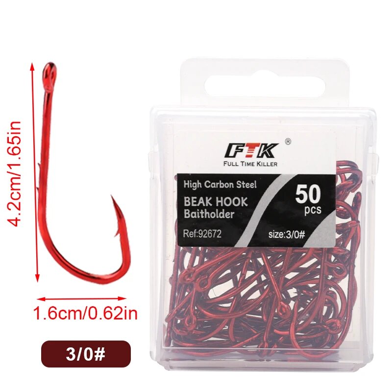 Рыболовные крючки FTK 3/0#, 50 шт, красный