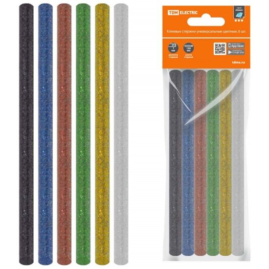 Клеевые стержни универсальные Tdm Electric цветные с блестками, 7 мм x 100 мм, набор 6 шт, "Алмаз", SQ1024-0509