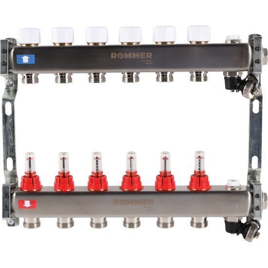 Коллектор Rommer с расходомерами, с клапаном вып. воздуха и сливом 6 вых.