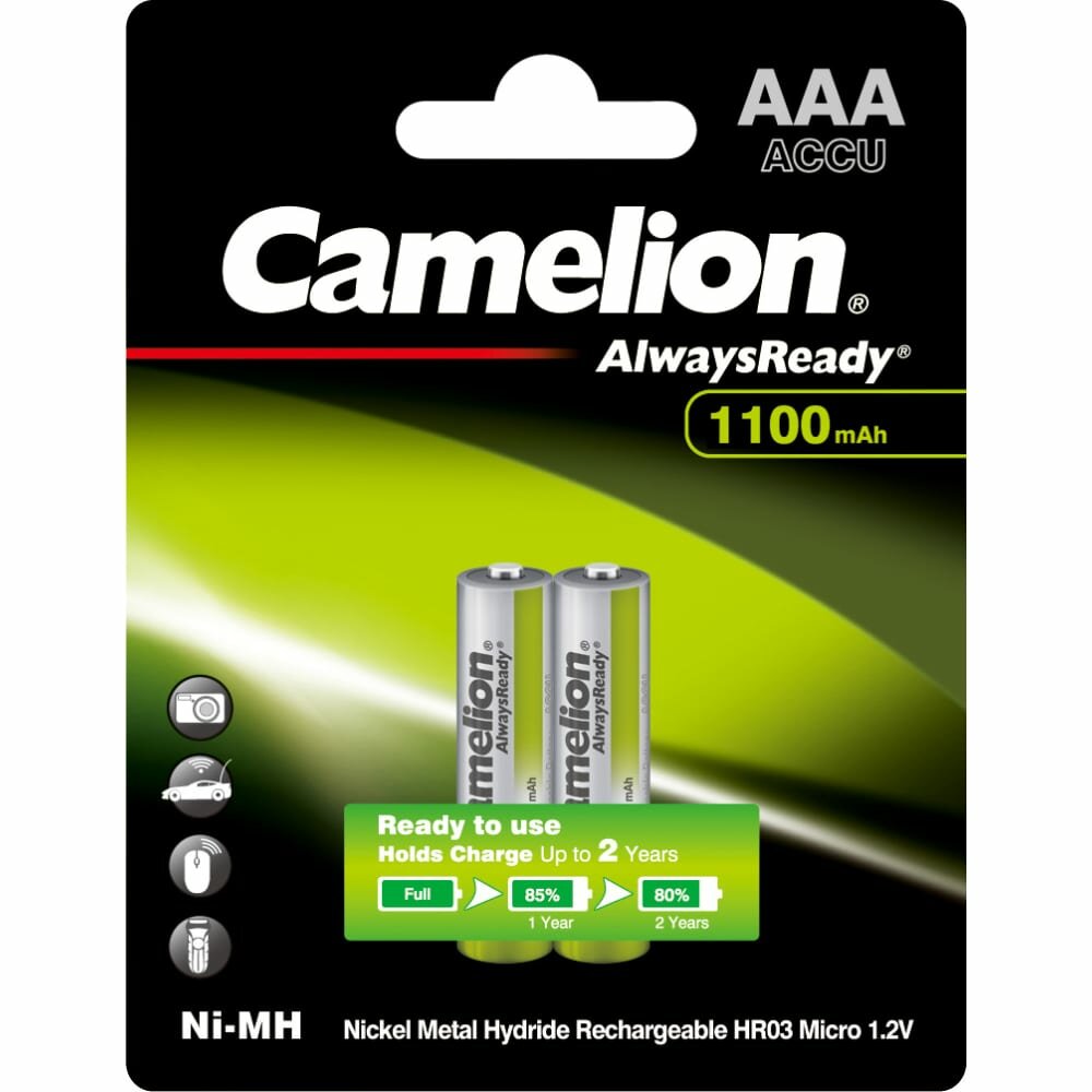 Аккумулятор Camelion Always Ready AAA BL-2 (NH-AAA1100BP2, 1.2 В) – заряжаемый никель‑металлогидридный аккумулятор