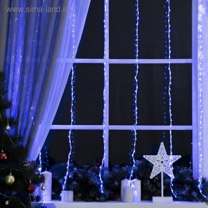 Гирлянда Водопад 2 х 1.5 м, IP44, прозрачная нить, 400 LED, свечение синее, 8 комбинаций режимов, 220 В