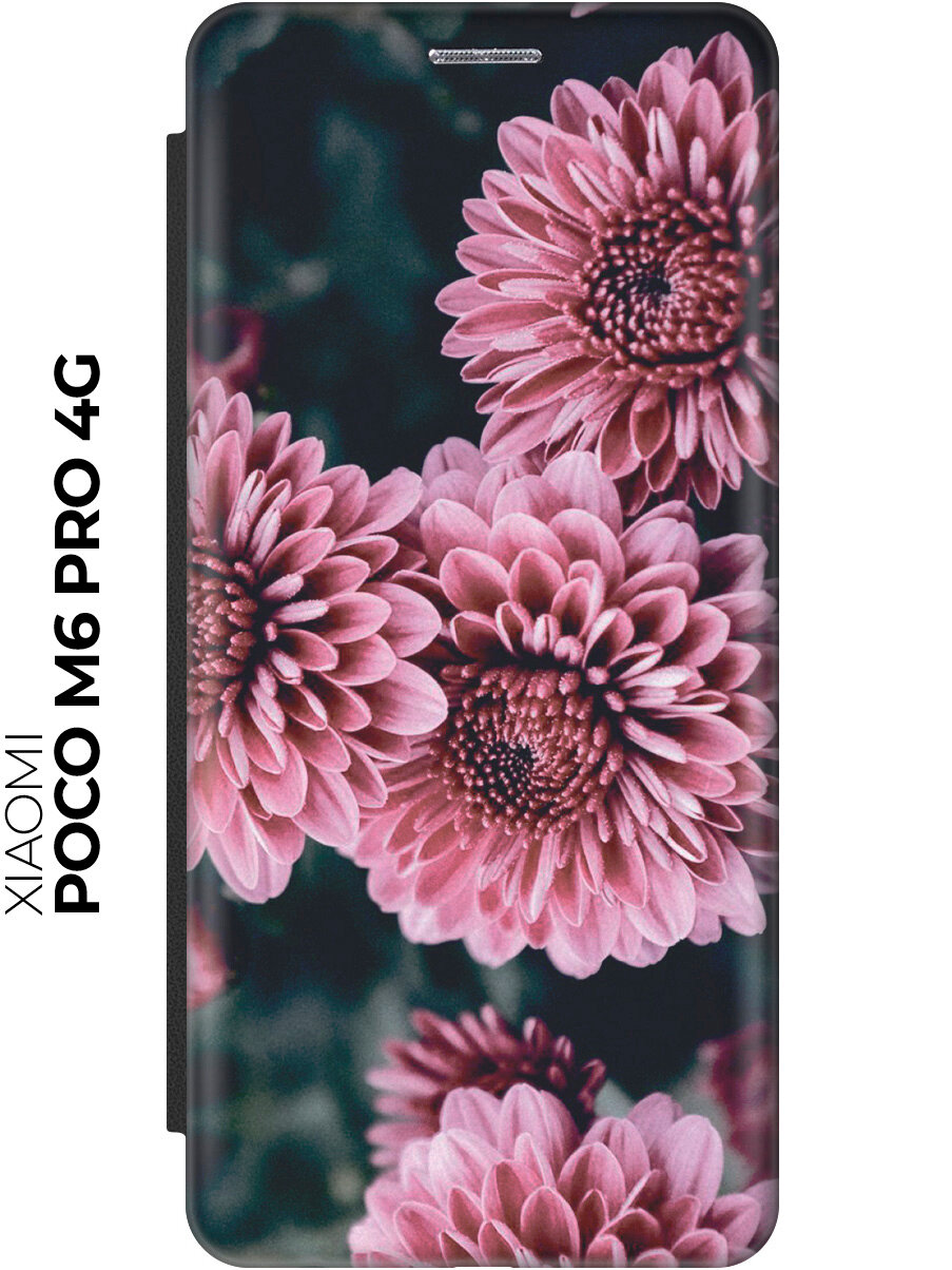 Чехол-книжка на Xiaomi Redmi Note 13 Pro 4G / Poco M6 Pro 4G / Сяоми Редми Ноут 13 Про 4г / Поко М6 Про 4г с рисунком "Нежные розовые астры" черный