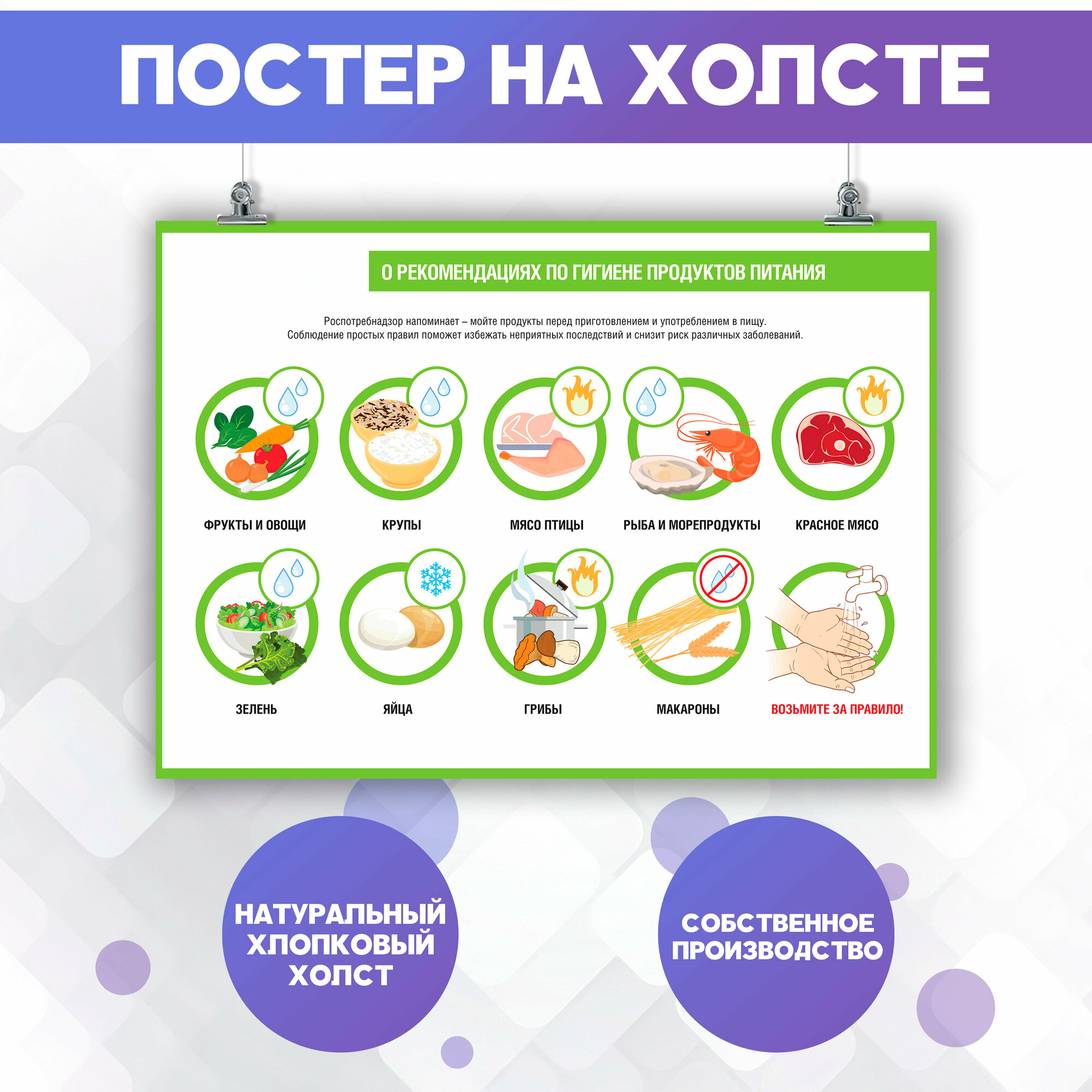 Постер на холсте Гигиена продуктов Еда Для кухни 50х70 см