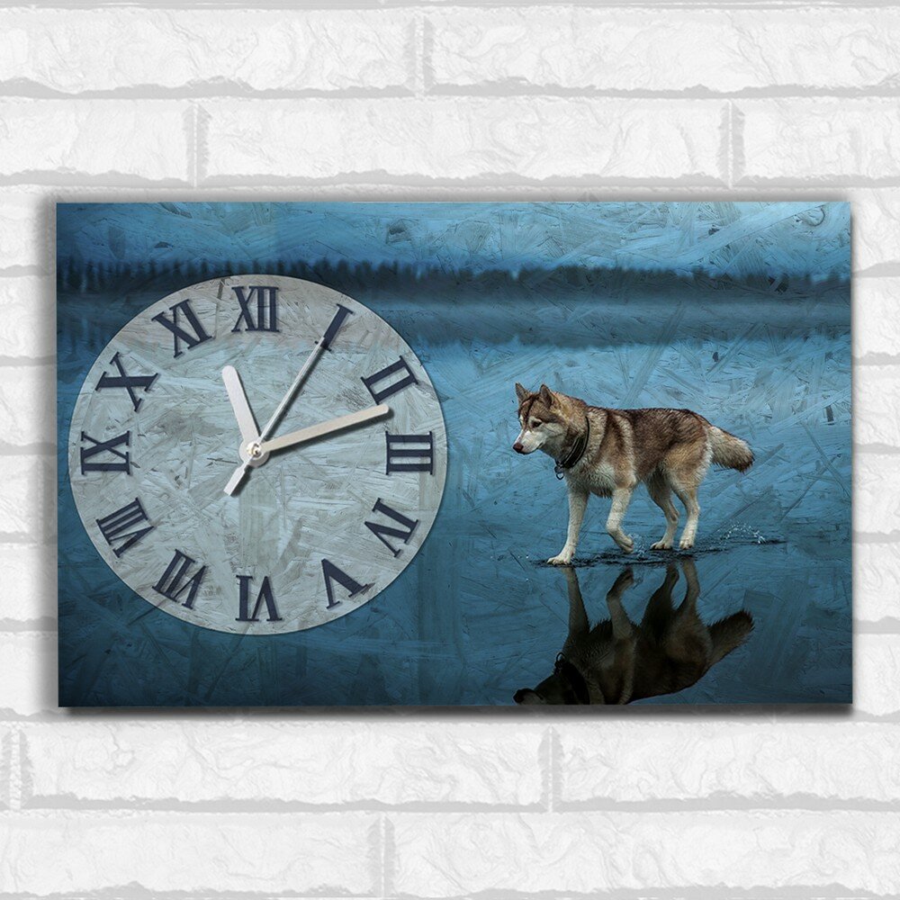 Настенные бесшумные часы ОСБ со смещенным циферблатом Животные Волк (выпивка, подарок для мужа, деда, папы, друга, брата) - 2548