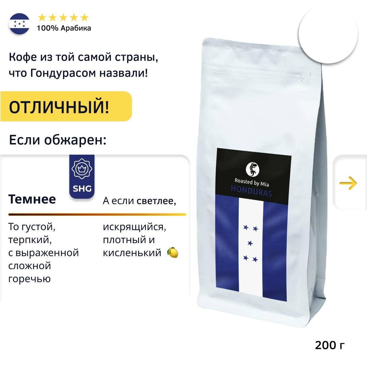 Кофе в зернах Арабика 200 г Roasted by Mia. Гондурас Средняя обжарка