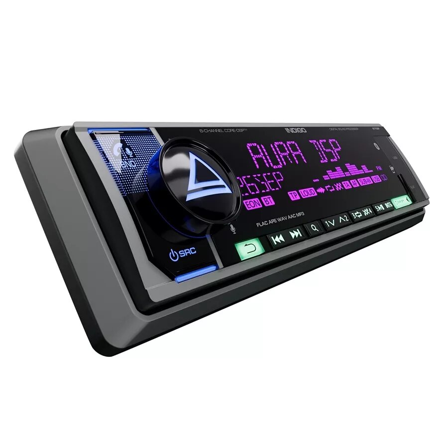 Автомагнитола 1DIN. AURA INDIGO-877DSP /мультицвет/процессор/USB/FM/Bluetooth