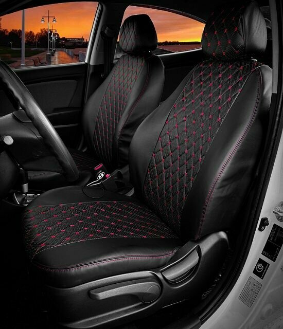 Комплект чехлов на весь салон для ВАЗ - 2107, экокожа ромб, цвет черный/красный