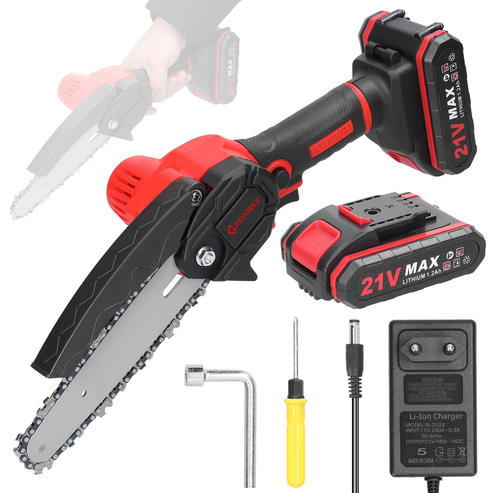 21 В 6-дюймовая портативная электрическая пила для обрезки деревьев, небольшая цепная пила для колки дров, щеточный двигатель, одноручный инструмент для работы по дереву в саду или фруктовом саду.