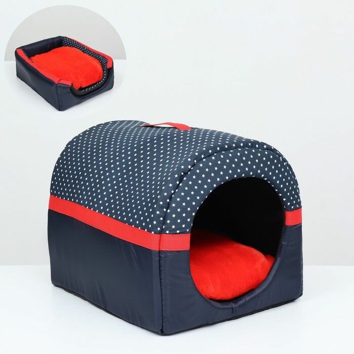 Дом - трансформер для животных Sima-land "Норка", Оксфорд бязь искусственный мех, 45х35х35 см, синий со звездами