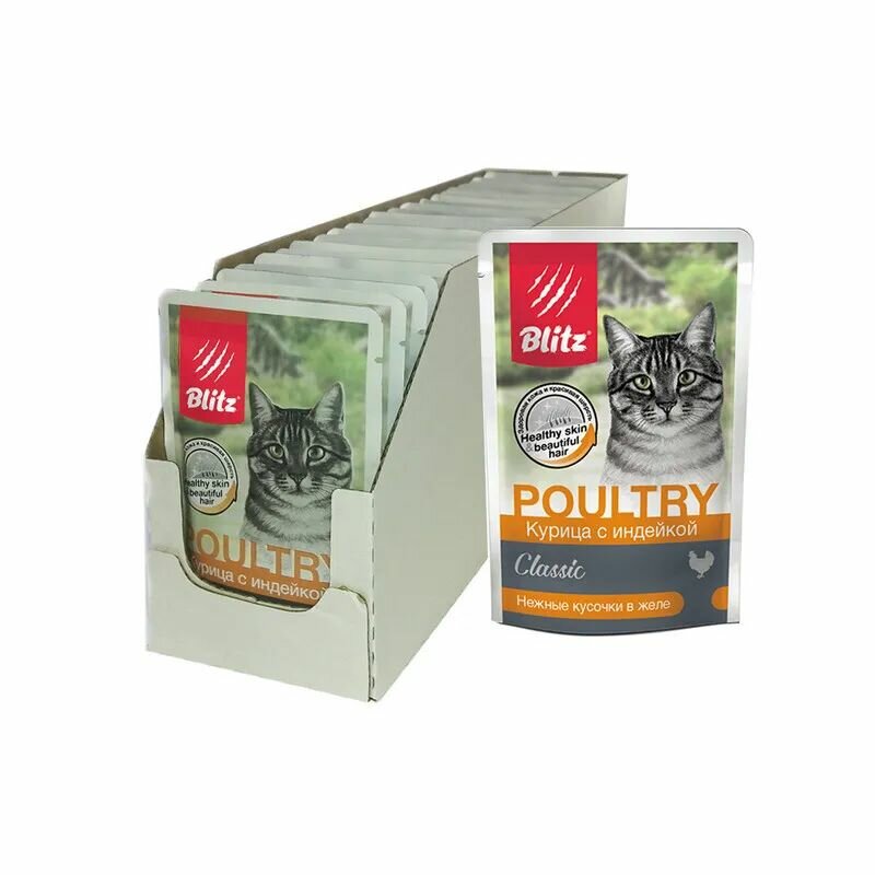 Консервированный влажный корм Blitz Classic Adult Cat для кошек всех пород (курица с индейкой) полнорационный, 24 шт по 85 г