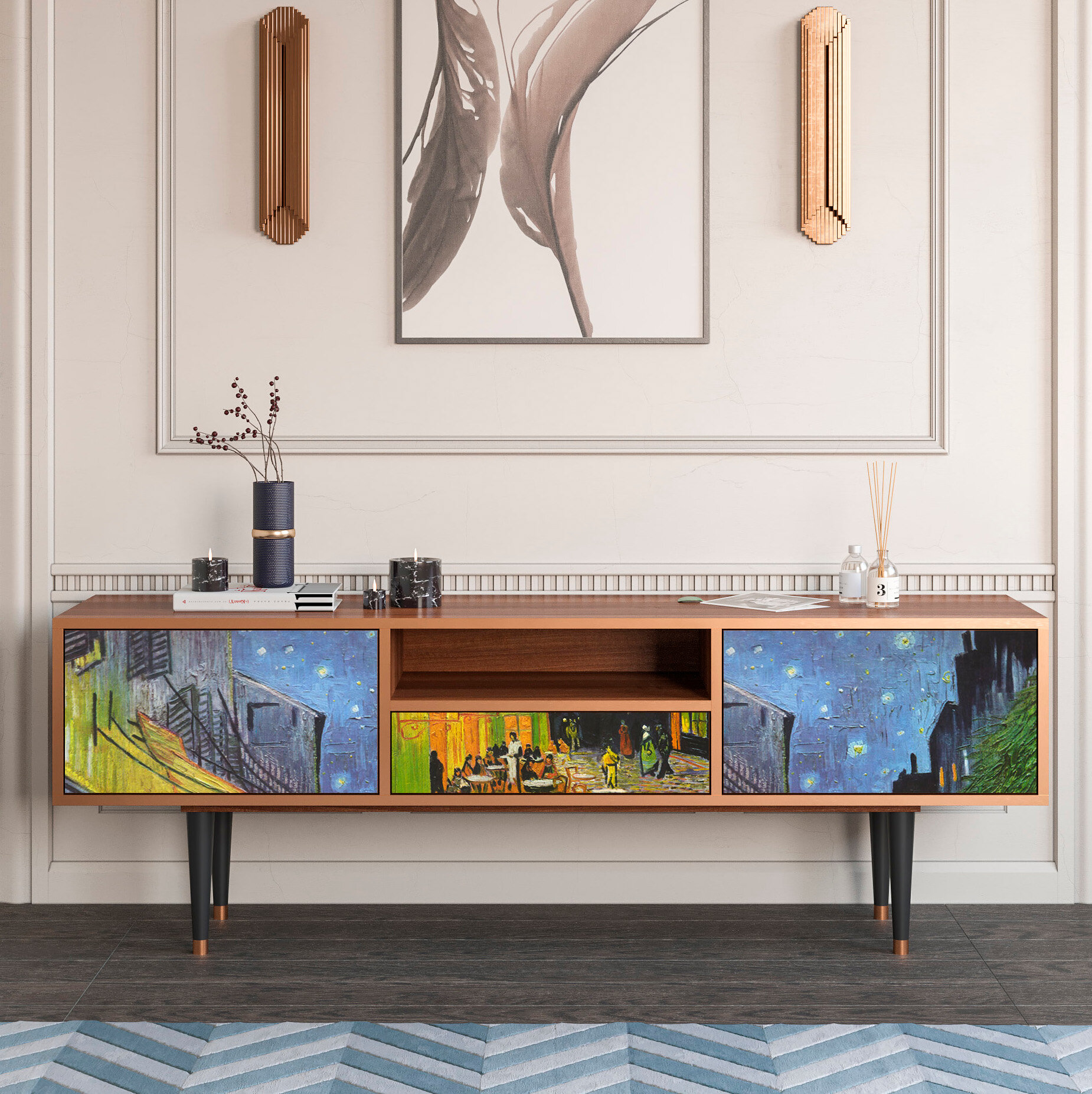ТВ-Тумба - STORYZ - T6 Café Terrace at Night by Vincent van Gogh, Размер - 170 x 69 x 41 см, Цвет корпуса - , Орех