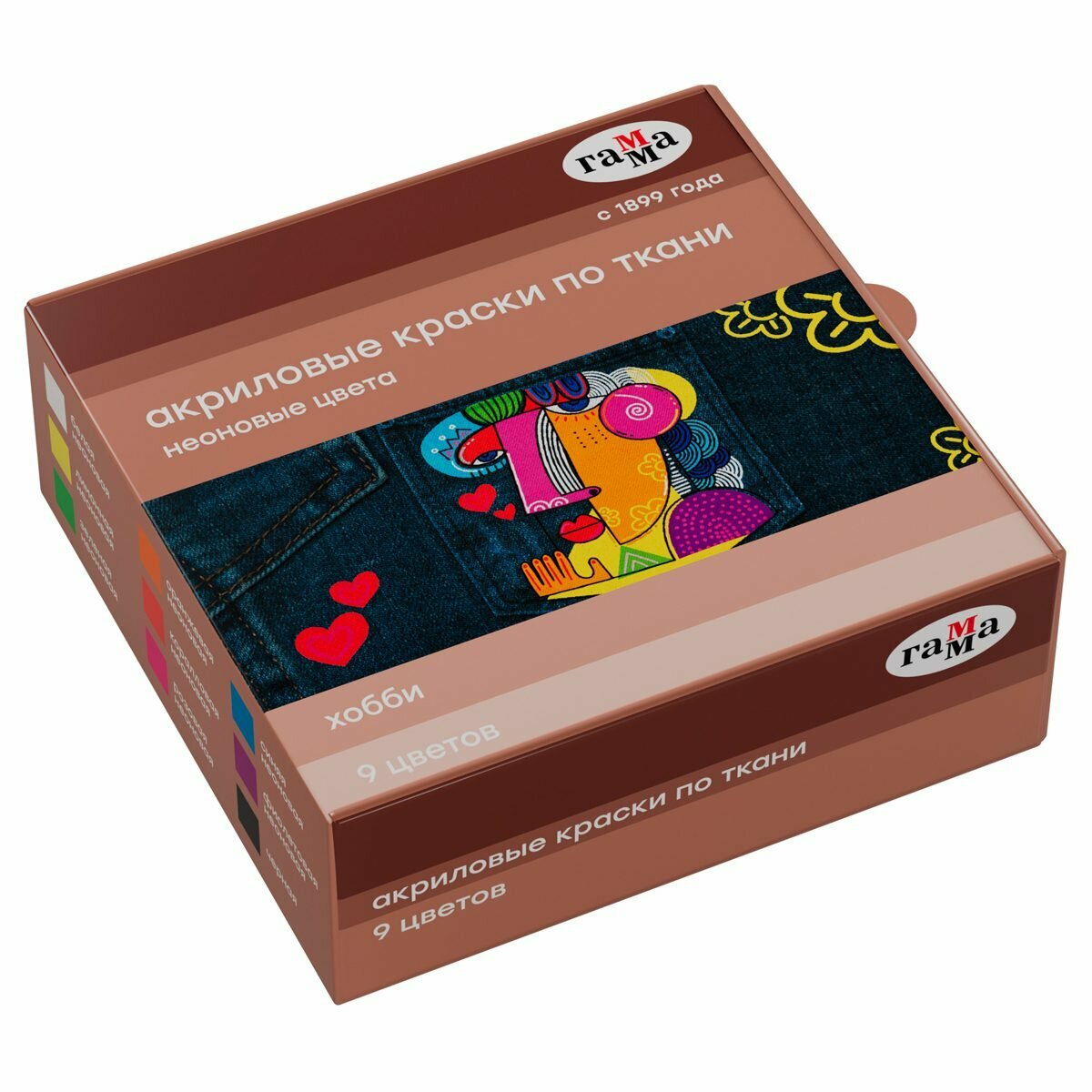 Краски акриловые по ткани 9 цветов Гамма "Хобби", 20мл, неоновые цвета, картон. упаковка (100709)