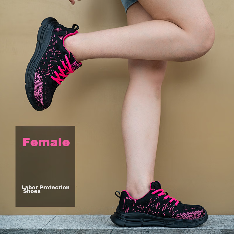 Laoguanjia Safety Shoes for Women, Ultra-Light Flyknit Breathable Steel Toe Anti-Smashing Anti-Puncture Comfortable Women's Special Small Size Rubber-Plastic Solid Sole Wear-Resistant Safety Work Functional Shoes Sports 278 Black And Red 34