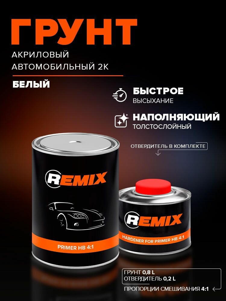 Грунтовка для автомобиля акриловая 2K HS 4:1 белая 0,8 л + 0,2 л отвердитель, REMIX PRIMER HB автогрунтовка
