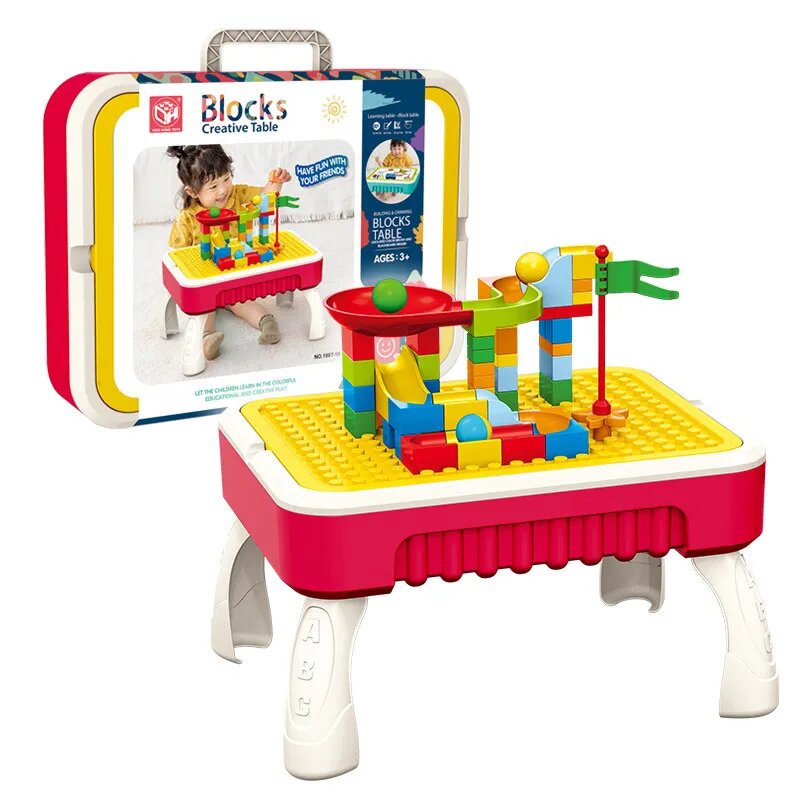 FENG NENG Стол для конструирования 4 в 1: конструктор динамический, рисование, пластина, хранение/ для малышей с крупными деталями 58 дет.