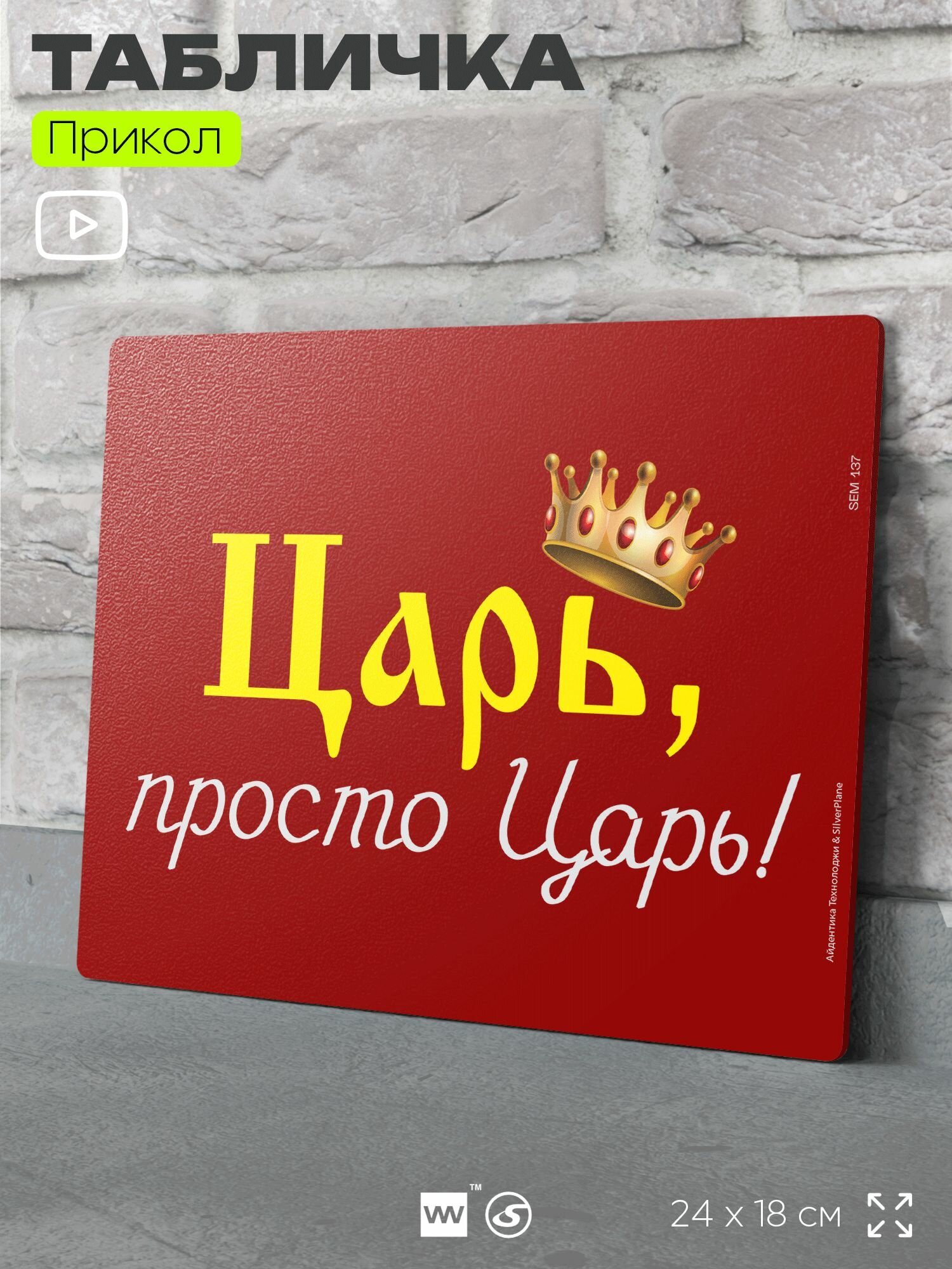 Табличка шуточная прикольная "Царь, просто царь" на дверь и стену, для офиса и дома, пластиковая с двусторонним скотчем, 24х18 см, серия Алкан, Айдентика Технолоджи