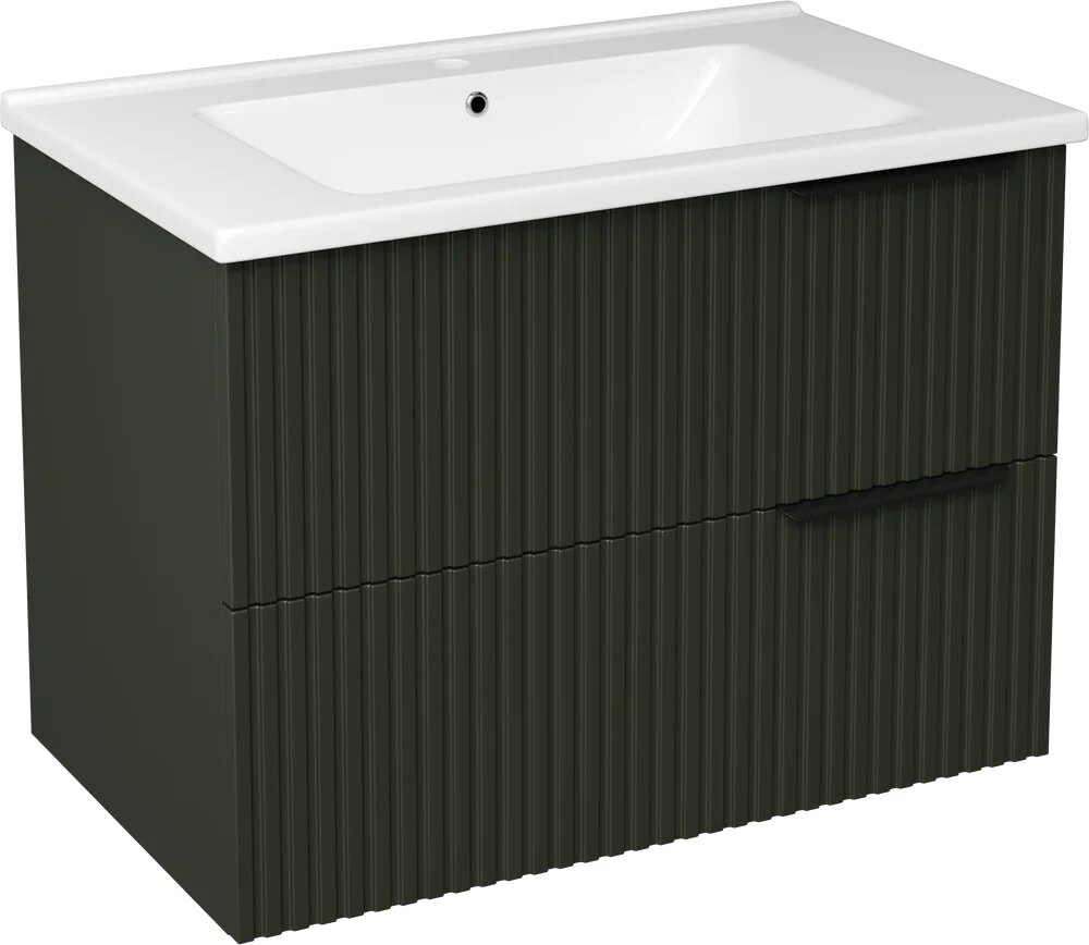 Тумба с раковиной STWORKI Хаммель 75 подвесная, 75, 3 см, зеленая, матовая, из МДФ, с ящиками, раковина для ванной, фаянсовая, прямоугольная, встроенный слив-перелив, с сифоном