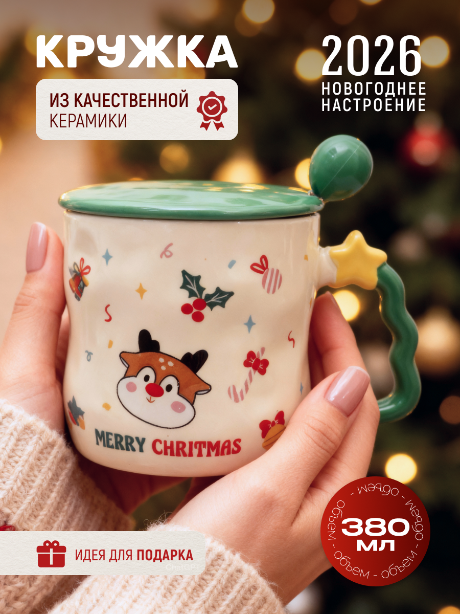 Кружка для чая новогодняя "Новый год Олень" зеленая 380 мл, с крышкой и ложкой, керамика, подарочная, праздничная
