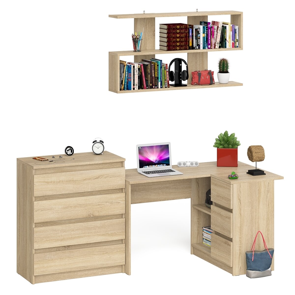 Книжная навесная полка Мори с угловым компьютерным столом МС-16 правым и комодом, дуб сонома, 204,8х84,9х209,6 см.