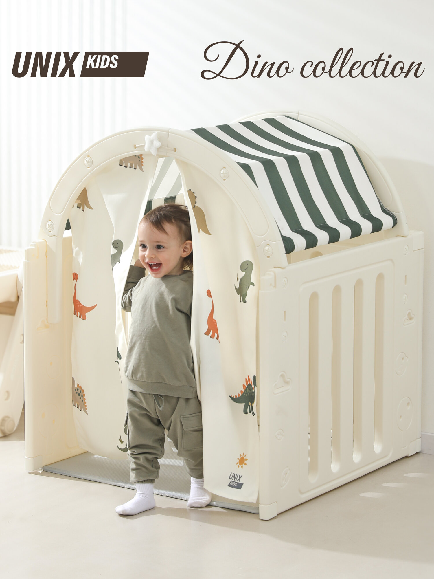 Домик игровой для детей UNIX Kids Dino Green, манеж-палатка для дома и улицы