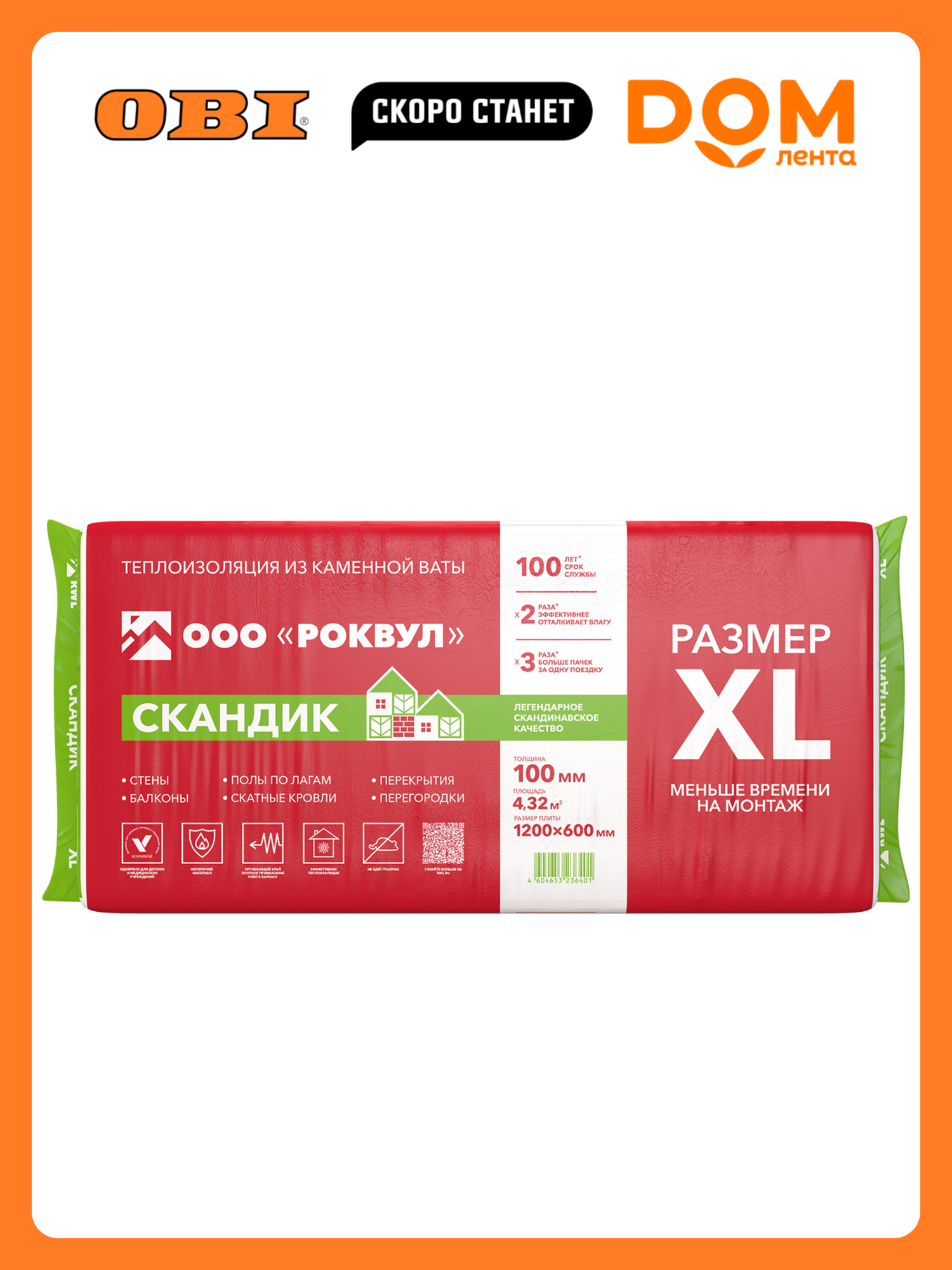 Утеплитель ROCKWOOL Лайт Баттс Скандик, 1200x600x100 мм 4,32 м²