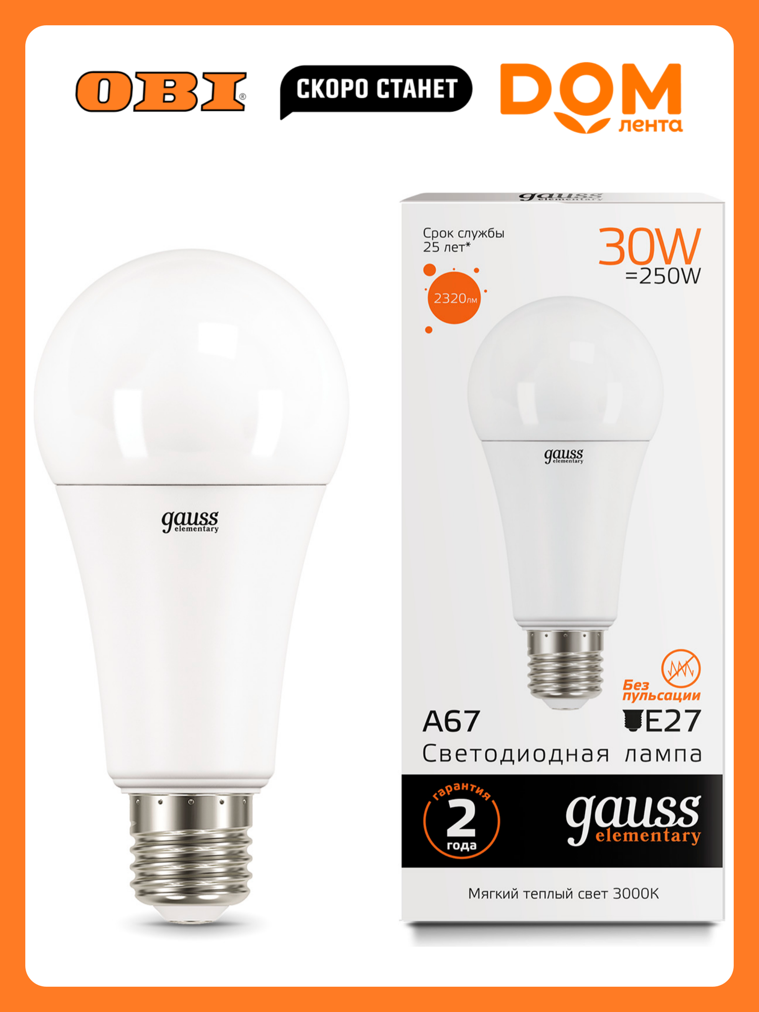 Лампа Gauss Elementary A67 30W 2320lm 3000K E27 LED