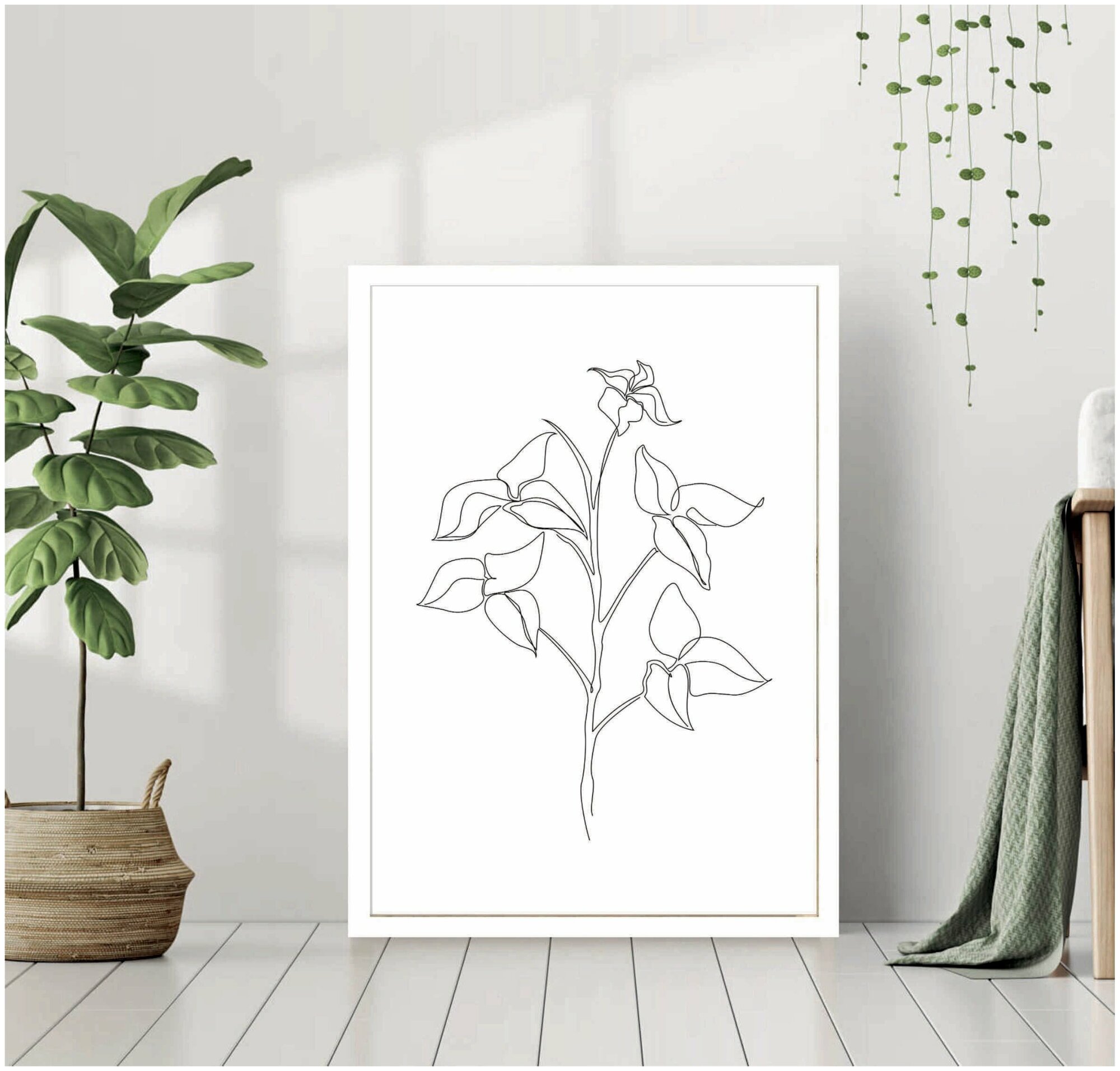 Постер "Листья камелии, линейный рисунок" 50x70 в белой рамке на стену для интерьера