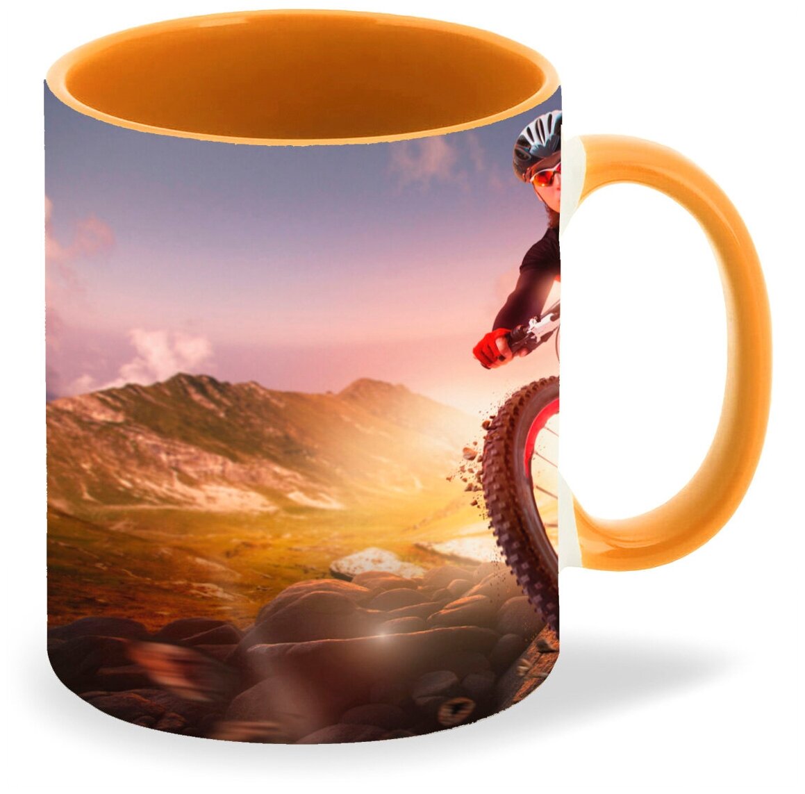 Кружка оранжевый CoolPodarok Велосипед Велосипедист Кросс Камни Закат