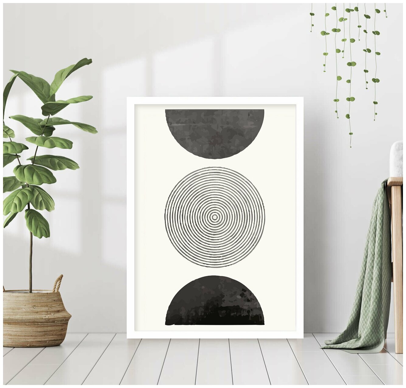 Постер "Абстракция черно белая, линейный рисунок, минимализм, линии, два черных полукруга" 40х50 в белой рамке для интерьера на стену