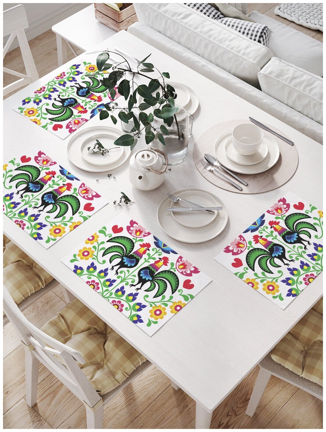 Сервировочные салфетки на стол / прямоугольные / тканевые 32x46 "Два петуха" , JoyArty